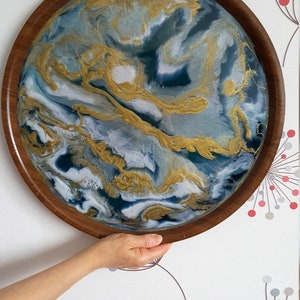 Blue Large Round Wood and Resin Serving Tray - Etsy
