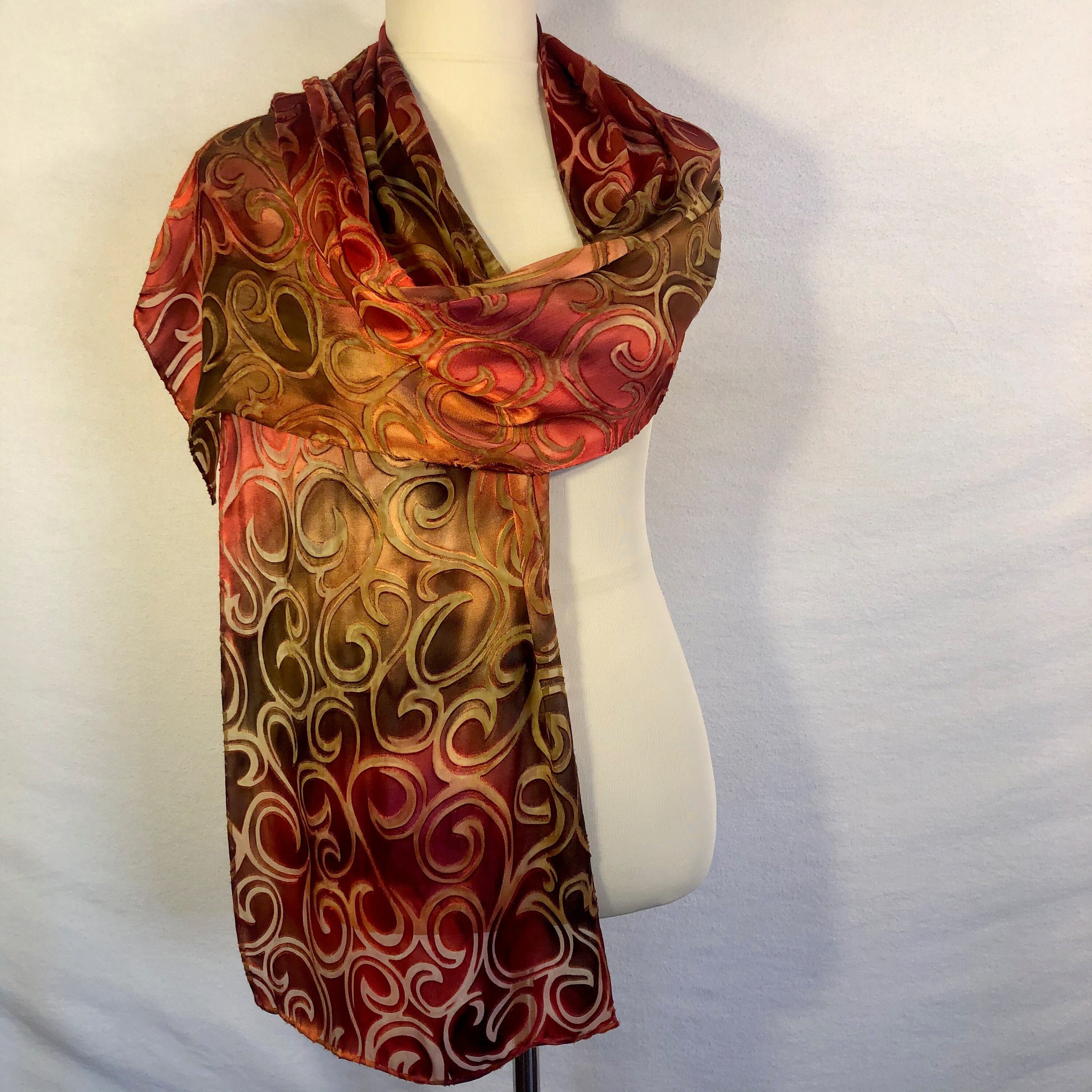 Orange Rust Long Scarf, Hand Painted Silk - Etsy UK