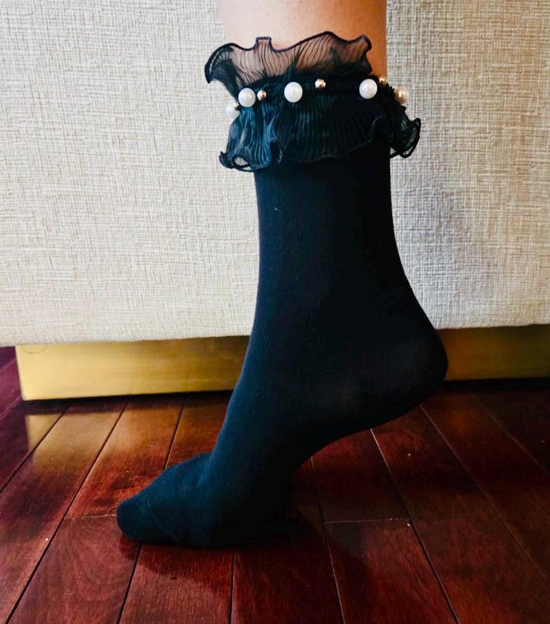 Elegant Black Lace Socks With Pearl Embellishments, Fancy Socks ...