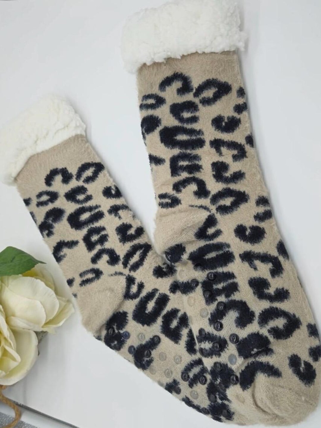 Cozy Leopard Print Sherpa-lined Socks With Non-slip Grip Warm and ...