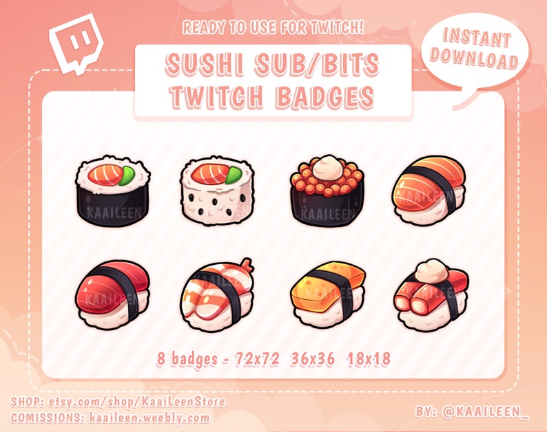SUSHI Twitch Sub Badges | Stream Food Bit Badges | Nigiri Salmon ...