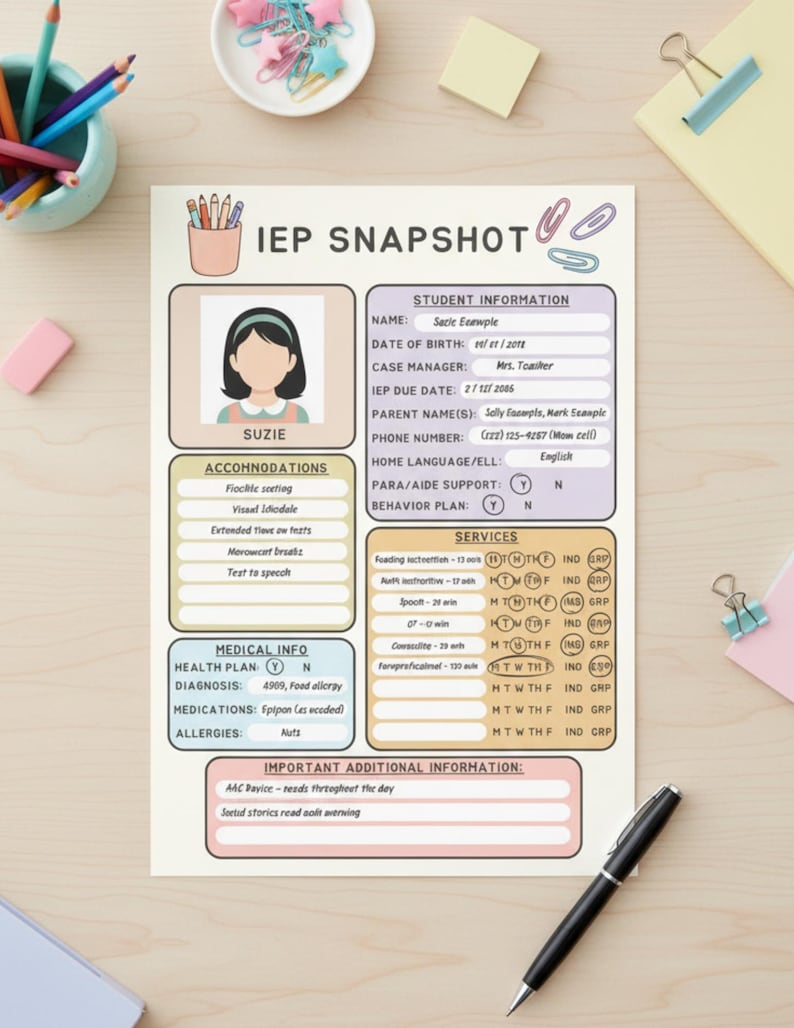 IEP Snapshot Printable | Editable SPED Teacher Planner, Special ...