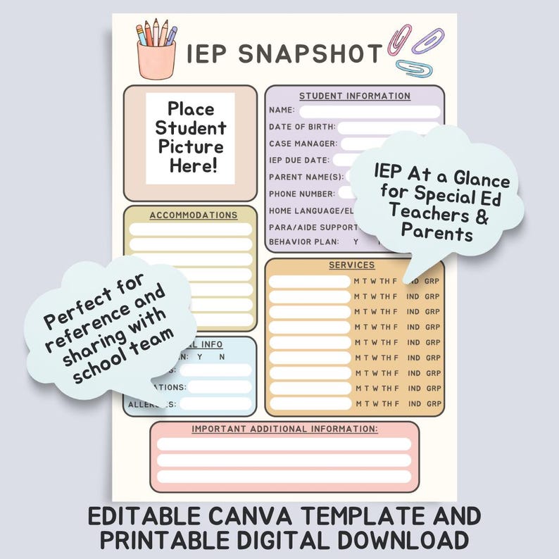 IEP Snapshot Printable | Editable Teacher Planner, Special Education ...