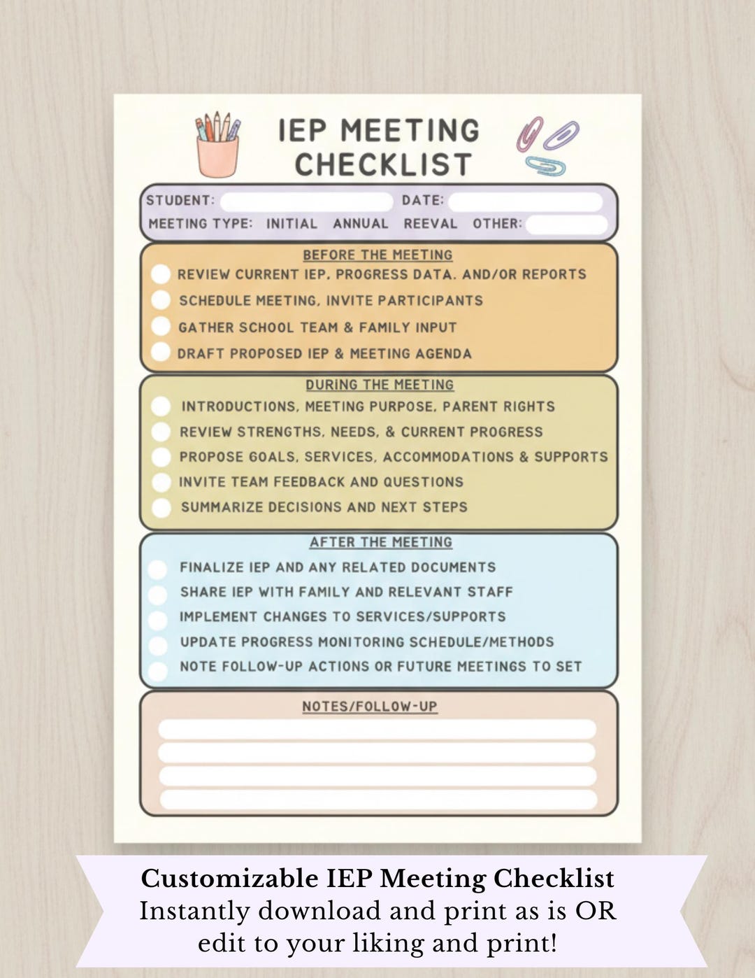 IEP Meeting Checklist Editable Template, Custom Special Education ...
