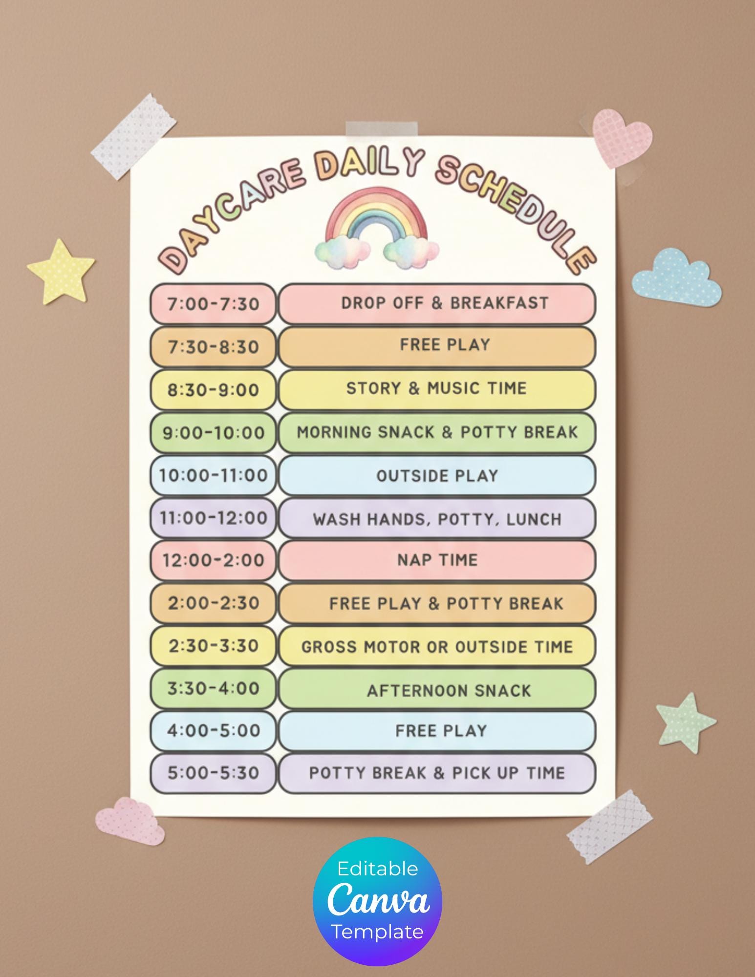 Daycare Daily Schedule | Rainbow Pastel, Editable Canva Template ...