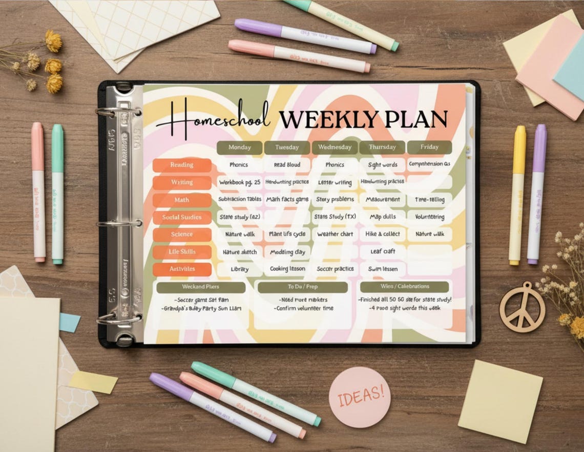 Homeschool Weekly Planner Printable | Retro Boho Lesson Plan | Editable ...