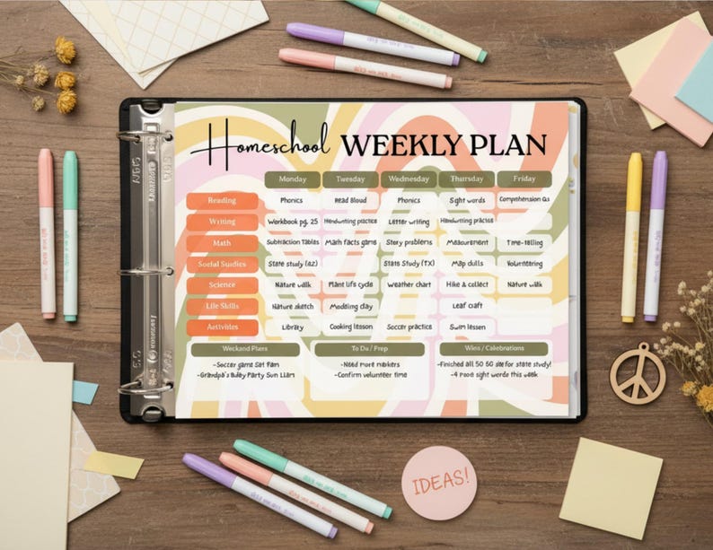 Homeschool Weekly Planner Printable | Retro Boho Lesson Plan | Editable ...