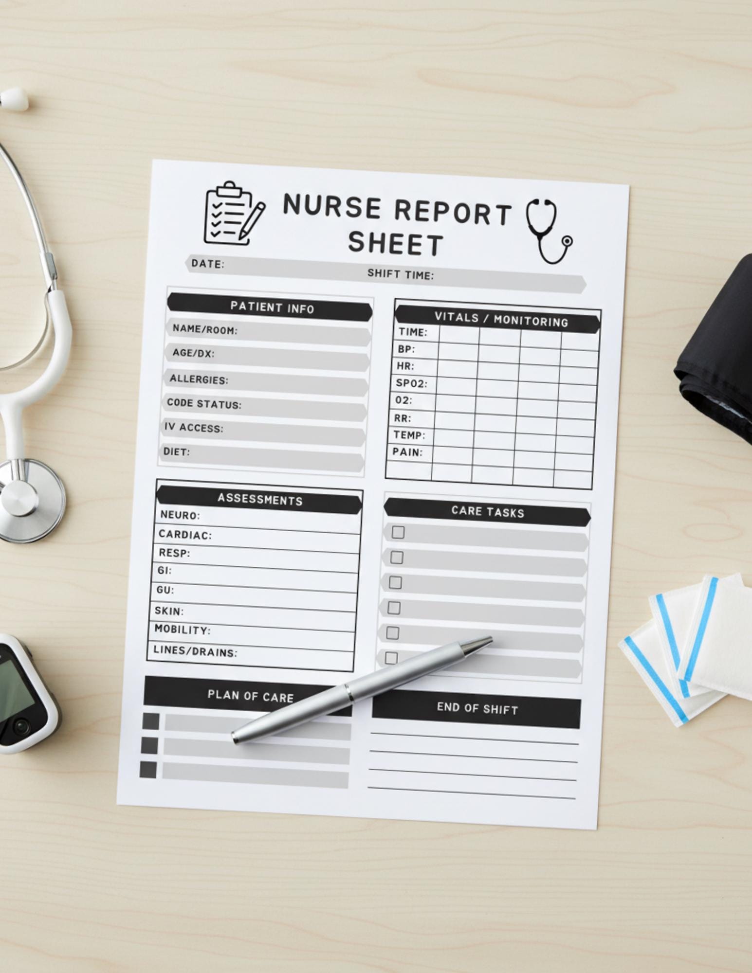 Editable Nurse Report Sheet Template | Shift Organizer Printable PDF ...