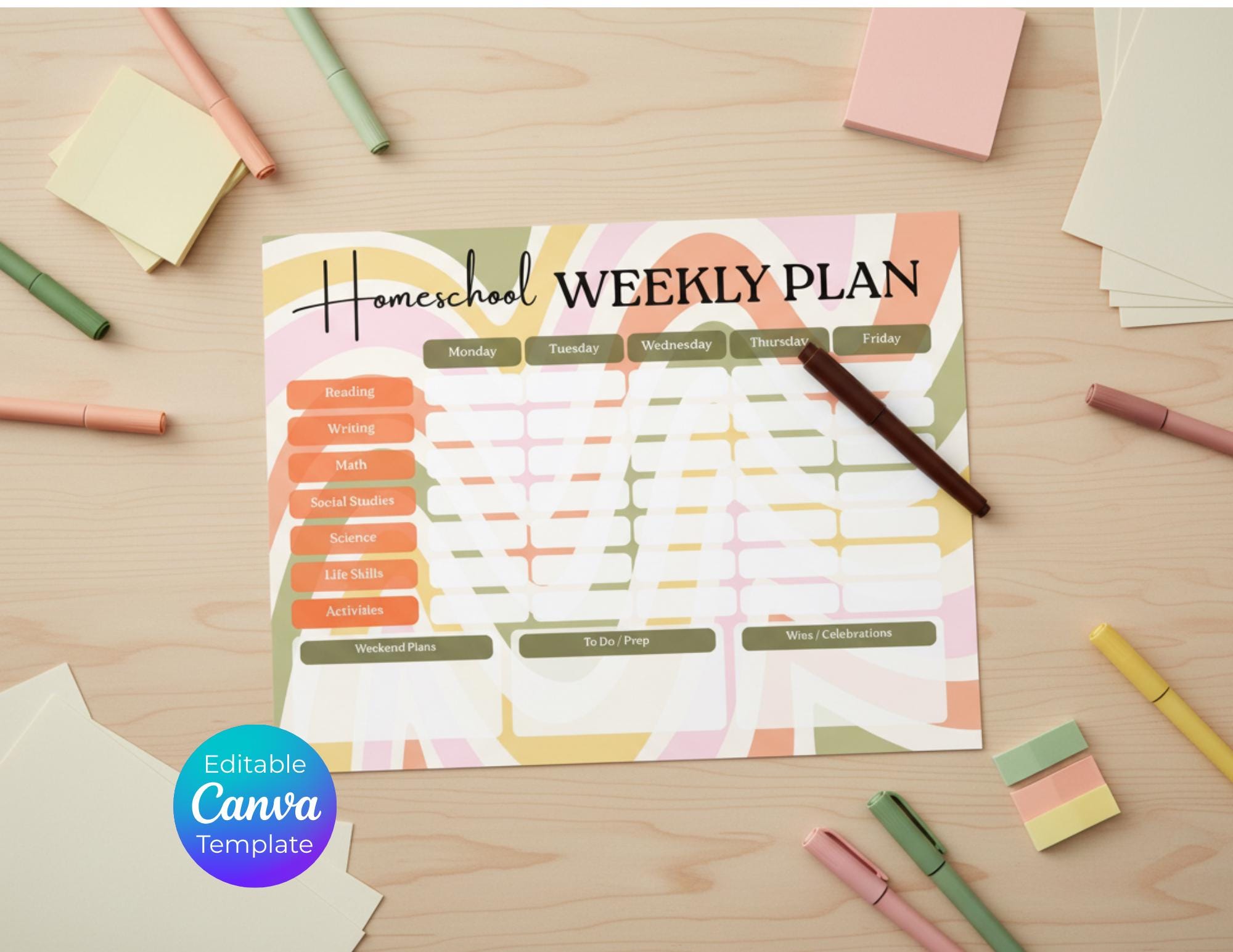 Homeschool Weekly Planner Printable | Retro Boho Lesson Plan | Editable ...