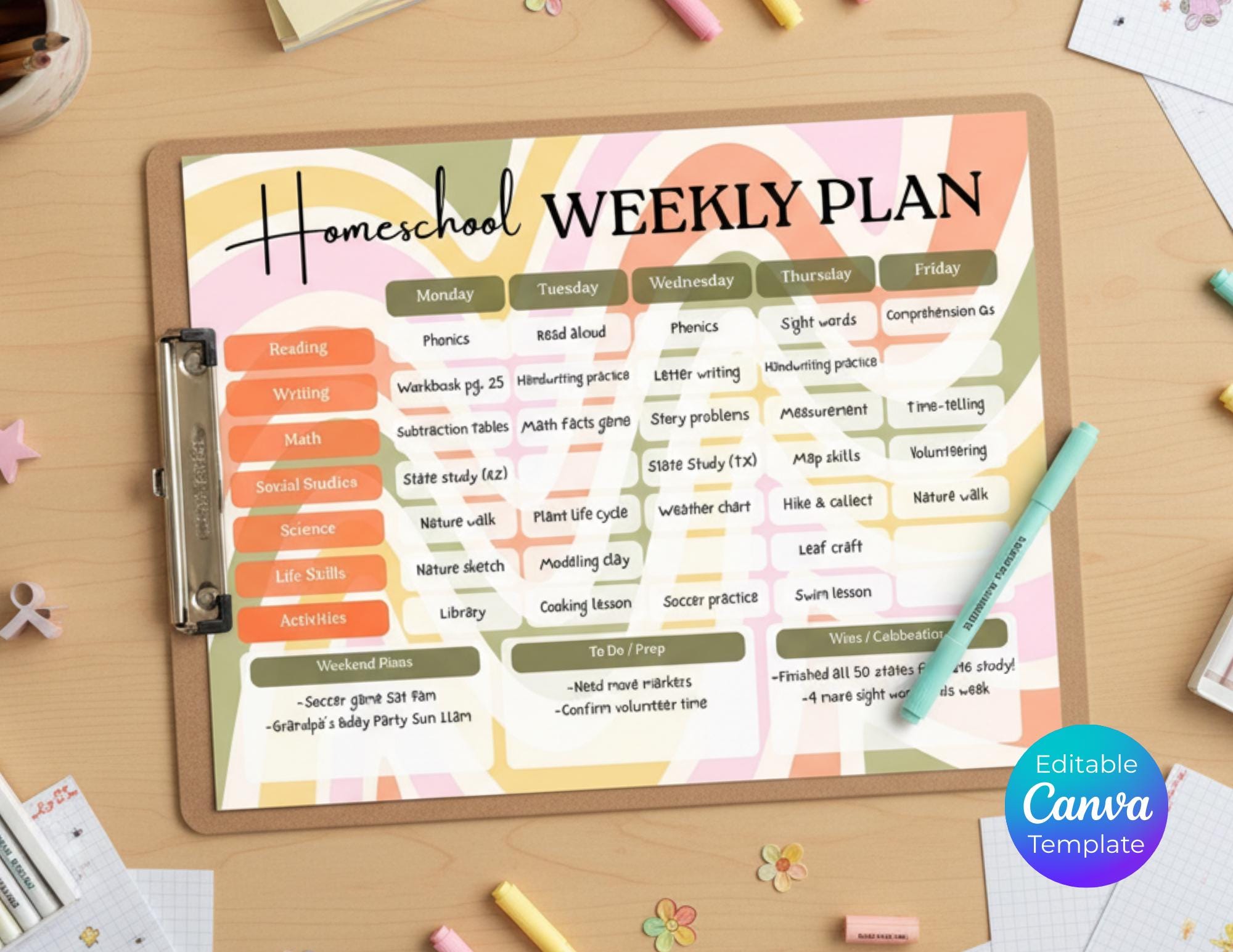 Homeschool Weekly Planner Printable | Retro Boho Lesson Plan | Editable ...