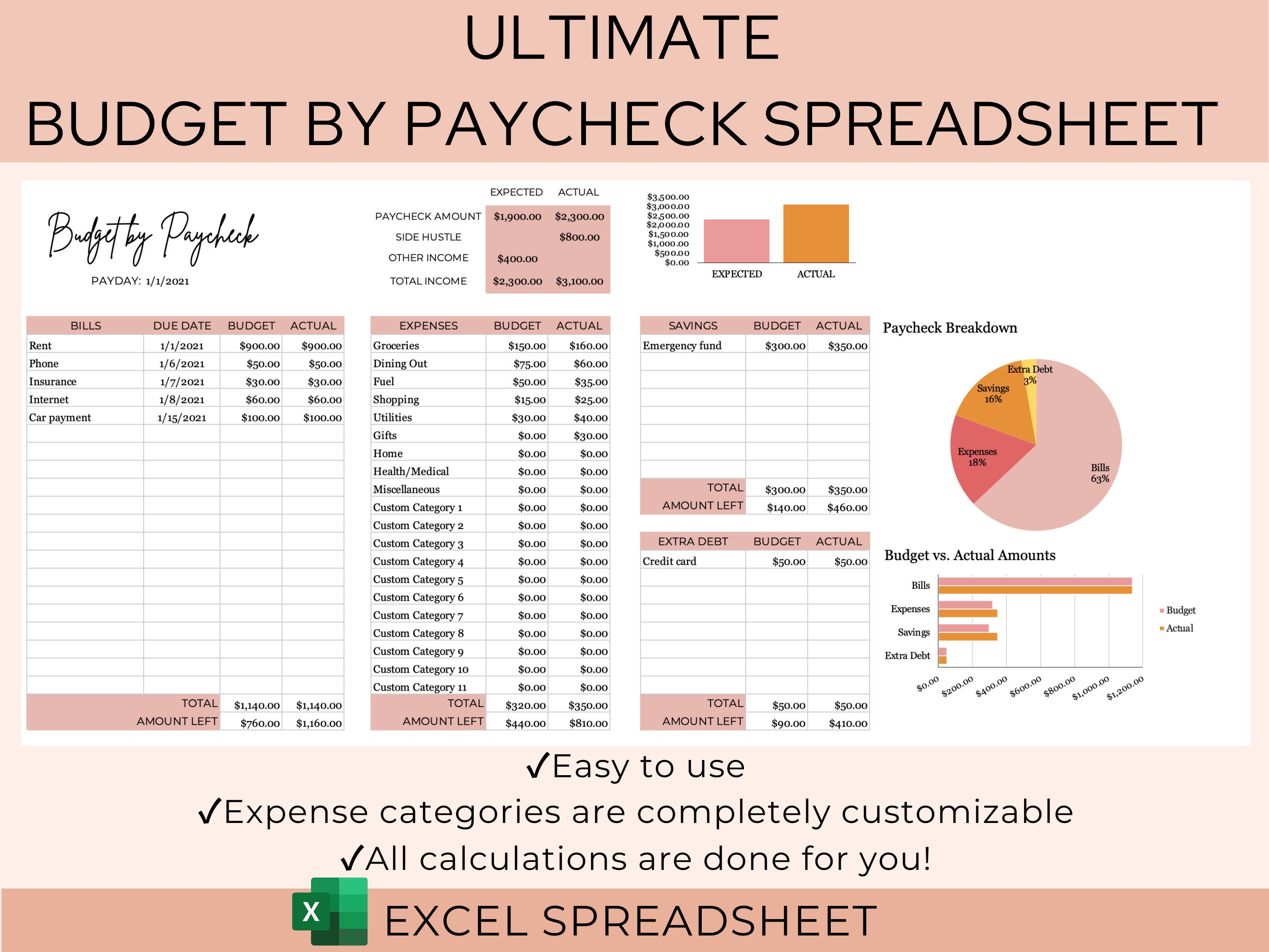 Excel Budget By Paycheck Spreadsheet Paycheck Budget Etsy