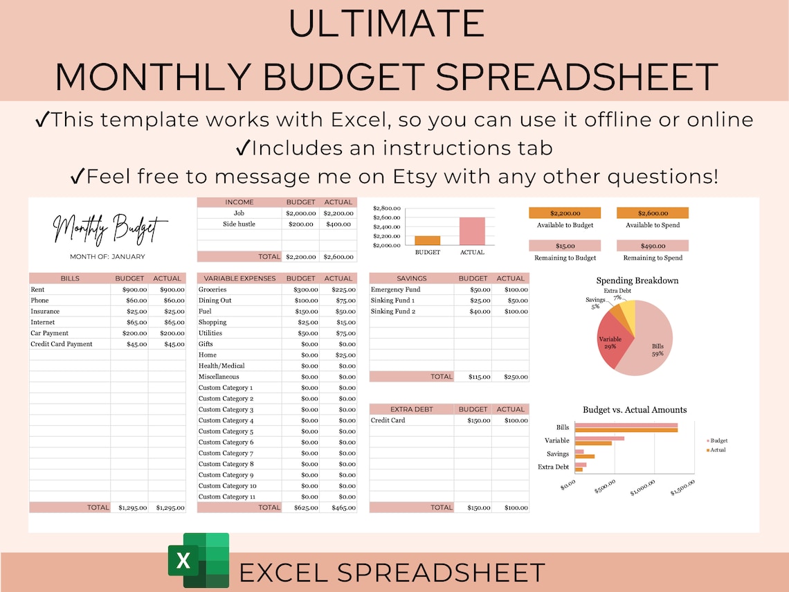 Monthly Budget Spreadsheet Excel Monthly Budget Dashboard - Etsy UK
