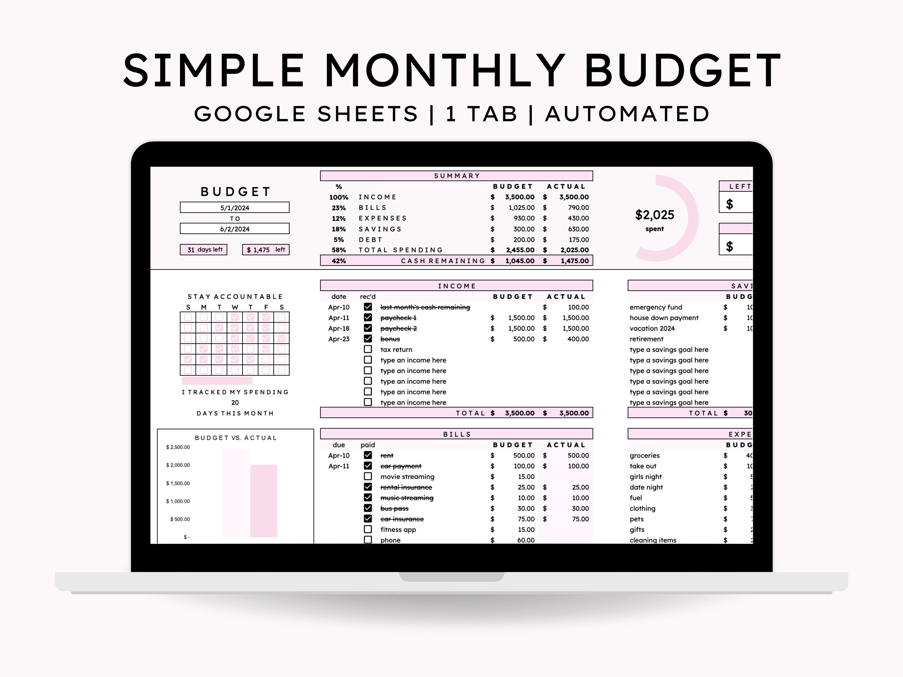 Monthly Budget Spreadsheet Google Sheets Budget Planner Simple 1 Tab ...