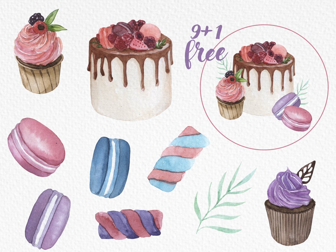 Watercolor Sweet Desserts Clipart Cakes, Macaron, and Marshmallow Hand ...