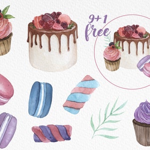 Watercolor Sweet Desserts Clipart Cakes, Macaron, and Marshmallow Hand ...