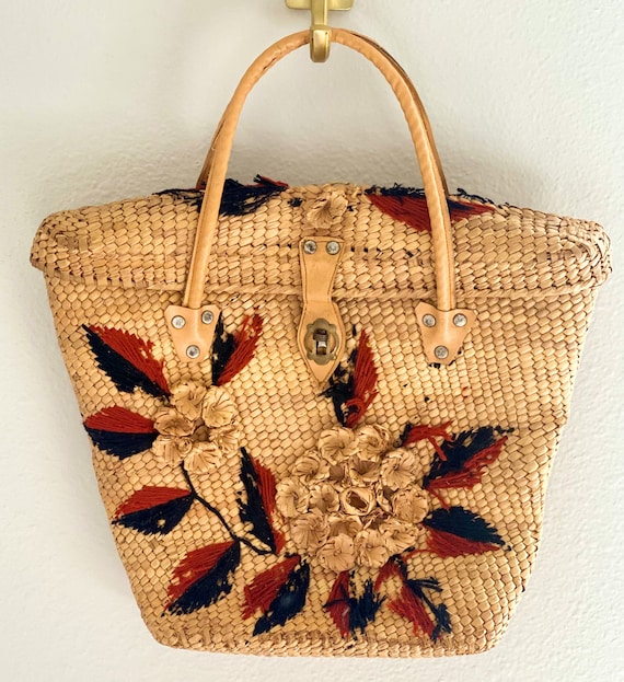 1970s Vintage Rattan Woven Straw Bag Purse Tote with … - Gem