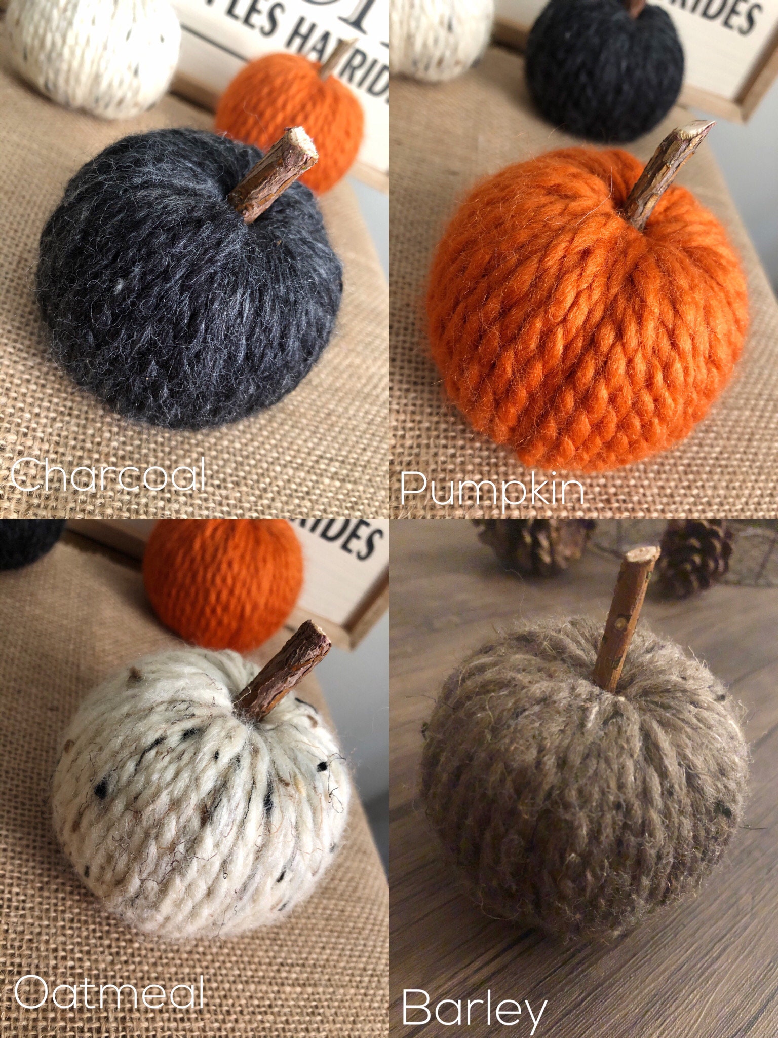 Sets of Three - 3" Yarn Pumpkin W/ Tree Branch Stem - Etsy