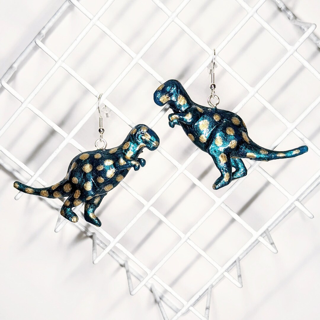 Tinysaurs Blue & Gold Polka Dot Dino Earrings, Glitter Dinosaur ...