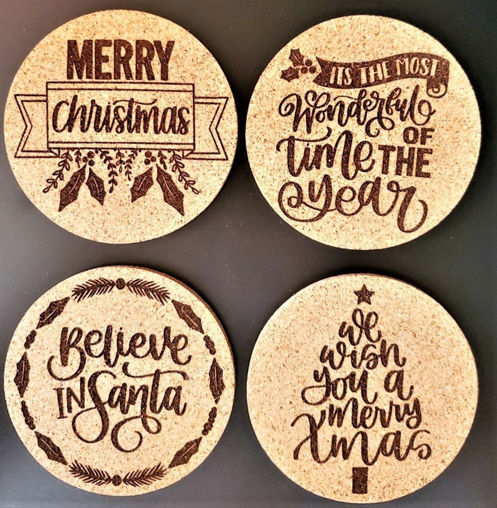 Christmas Coasters/cork/coaster/christmas/laser Engraved/free - Etsy
