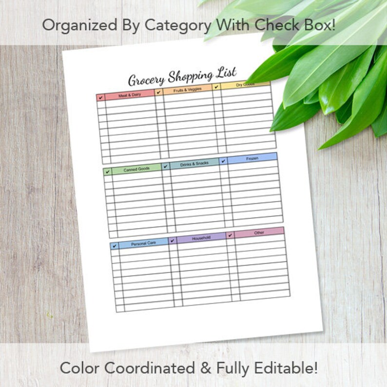 Grocery List Editable Google Docs | Color Coordinated Check List for ...