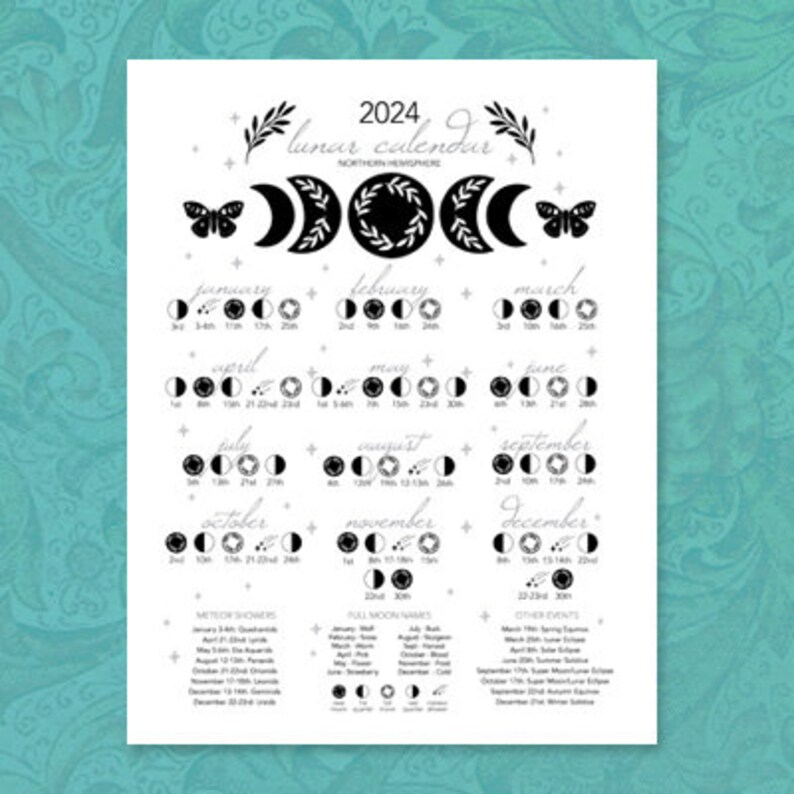 2024 Lunar Calendar, Printable PDF, Verticle, Moon Phase Cycles, Letter ...