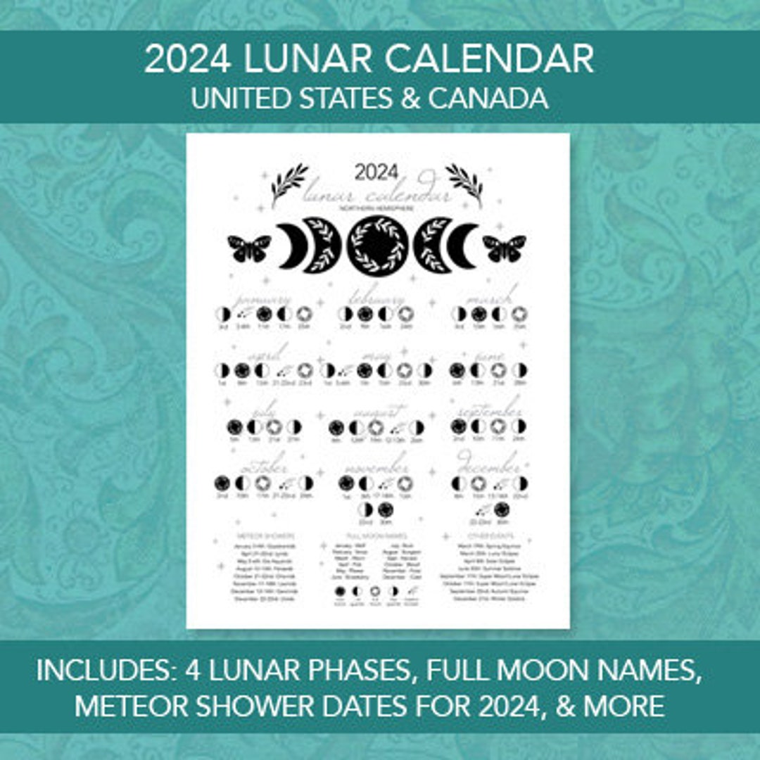 2024 Lunar Calendar, Printable PDF, Verticle, Moon Phase Cycles, Letter ...