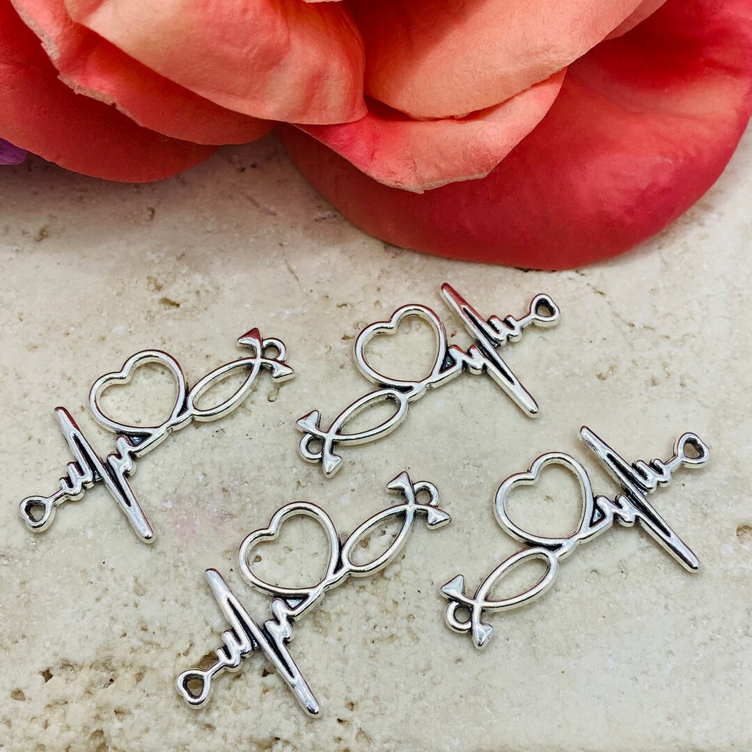 Heartbeat Heart Stethoscope/ Connector Link Charm - 4 Pcs- 33mm X 20mm ...