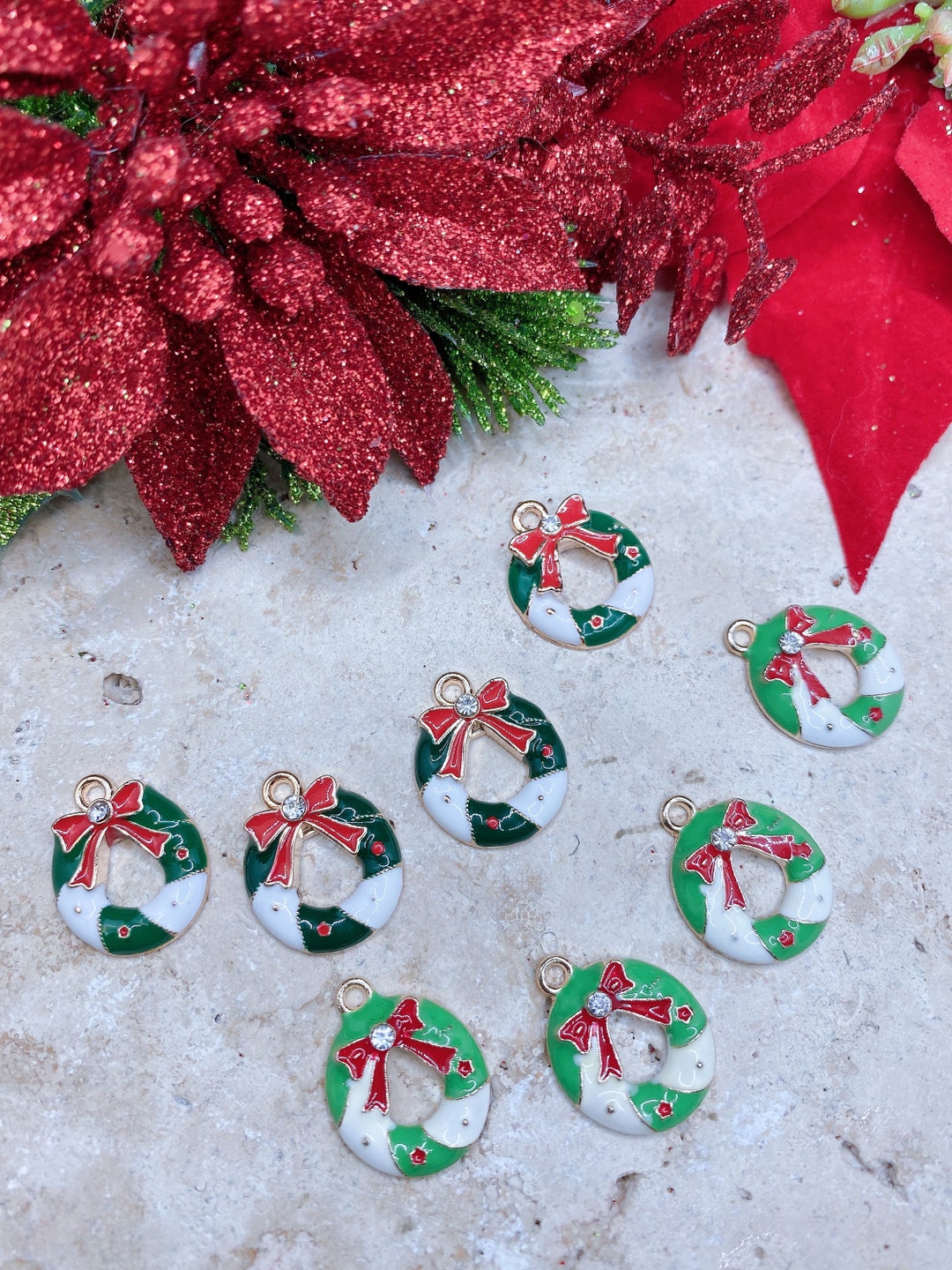 Christmas Wreath Charms With Crystal & Bow (set of 4pcs ) 15mm X 18mm ...