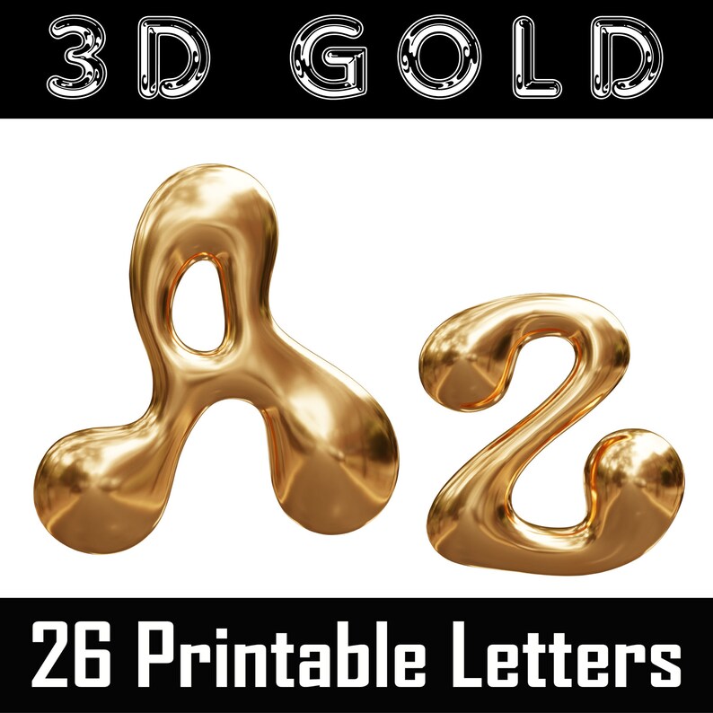 3D Gold Alphabet Letters | 26 Printable Digital Letters | Uppercase ...