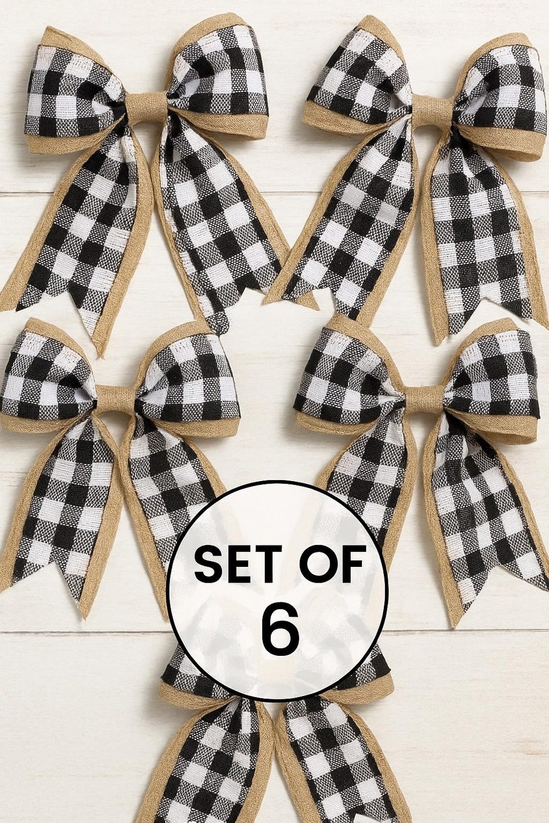Buffalo Plaid Bows: Black & White Gingham With Burlap Edge - Set of 6 ...