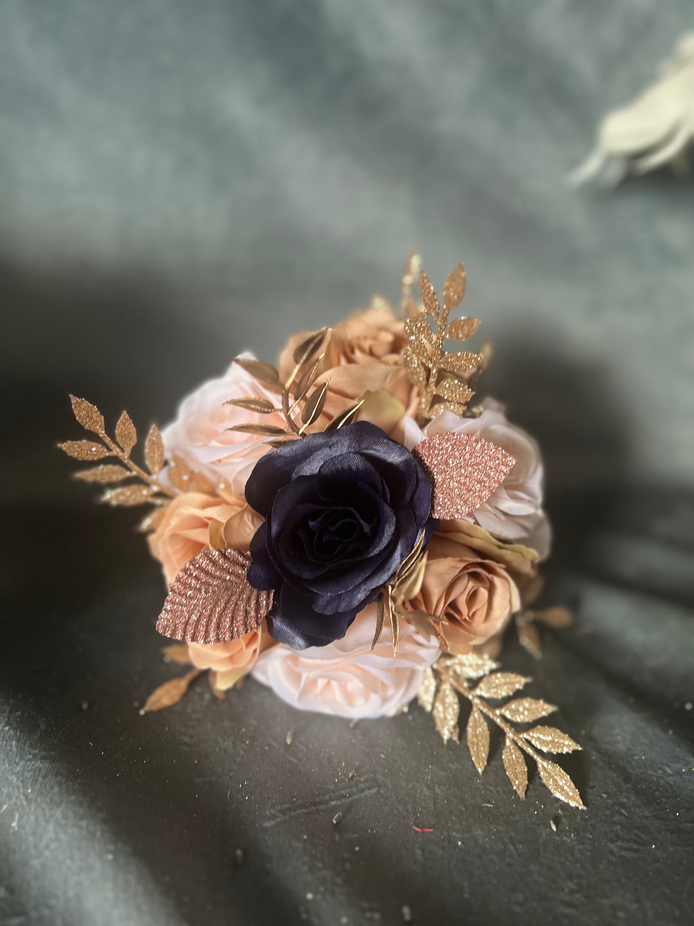 Glam Navy Rose Gold Cascading Wedding Bouquet: Teardrop Bridal Bouquet ...