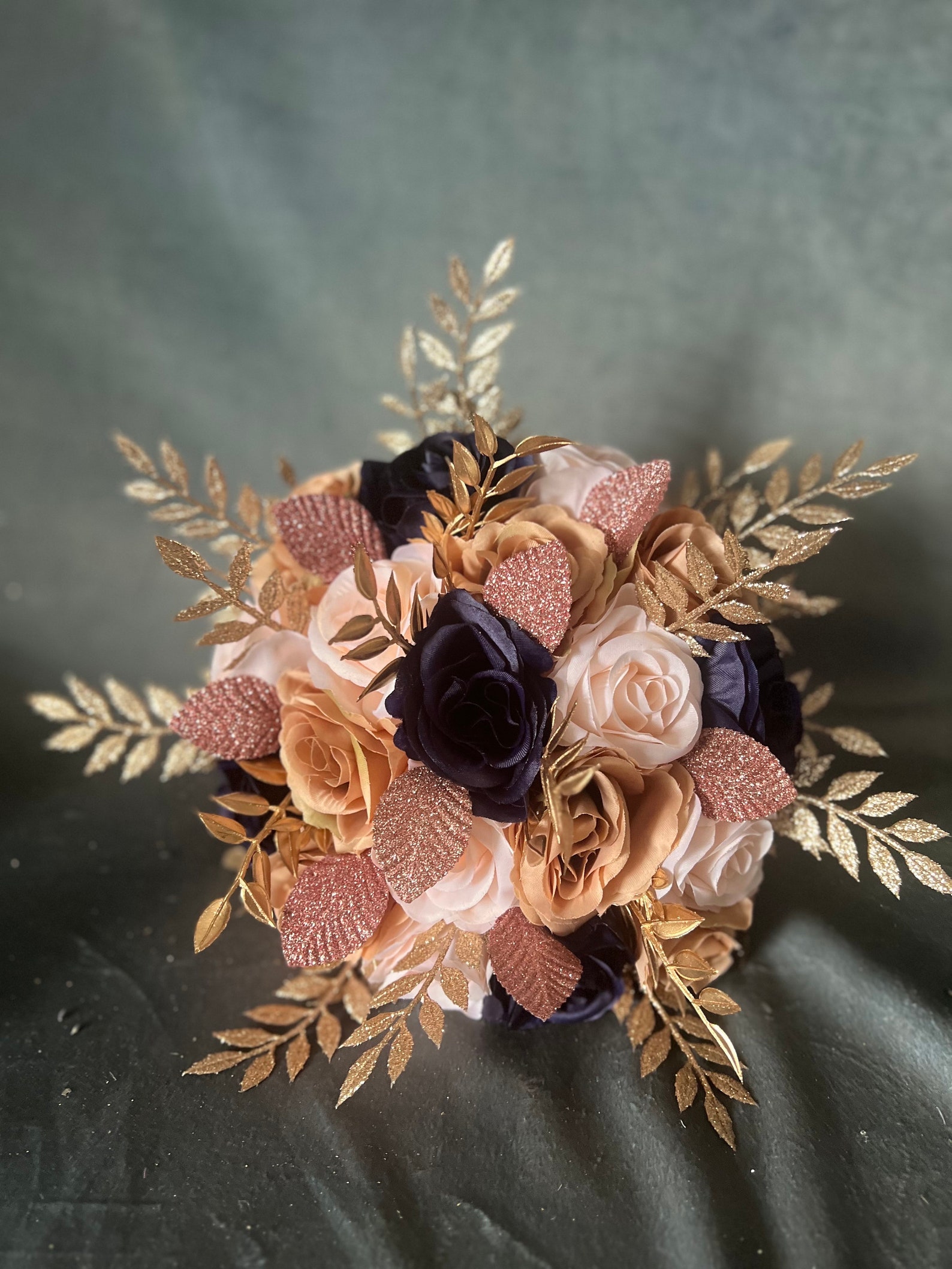 Glam Navy Rose Gold Cascading Wedding Bouquet: Teardrop Bridal Bouquet ...