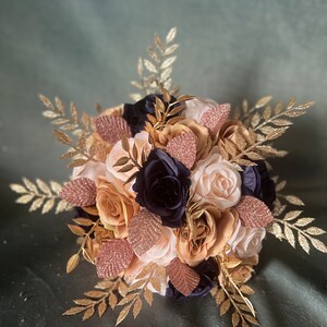 Glam Cascading Navy Rose Gold Blush Gold Wedding Bouquet, Teardrop Gold ...
