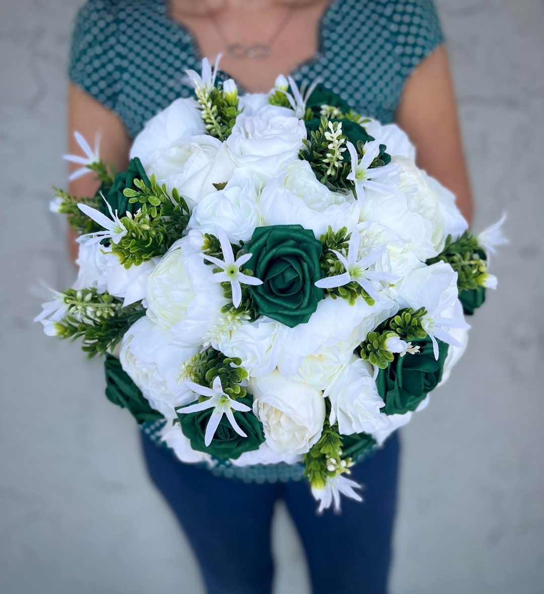 Emerald Green & White Wedding Bouquet: Silk Roses, Peonies, Rhinestone ...