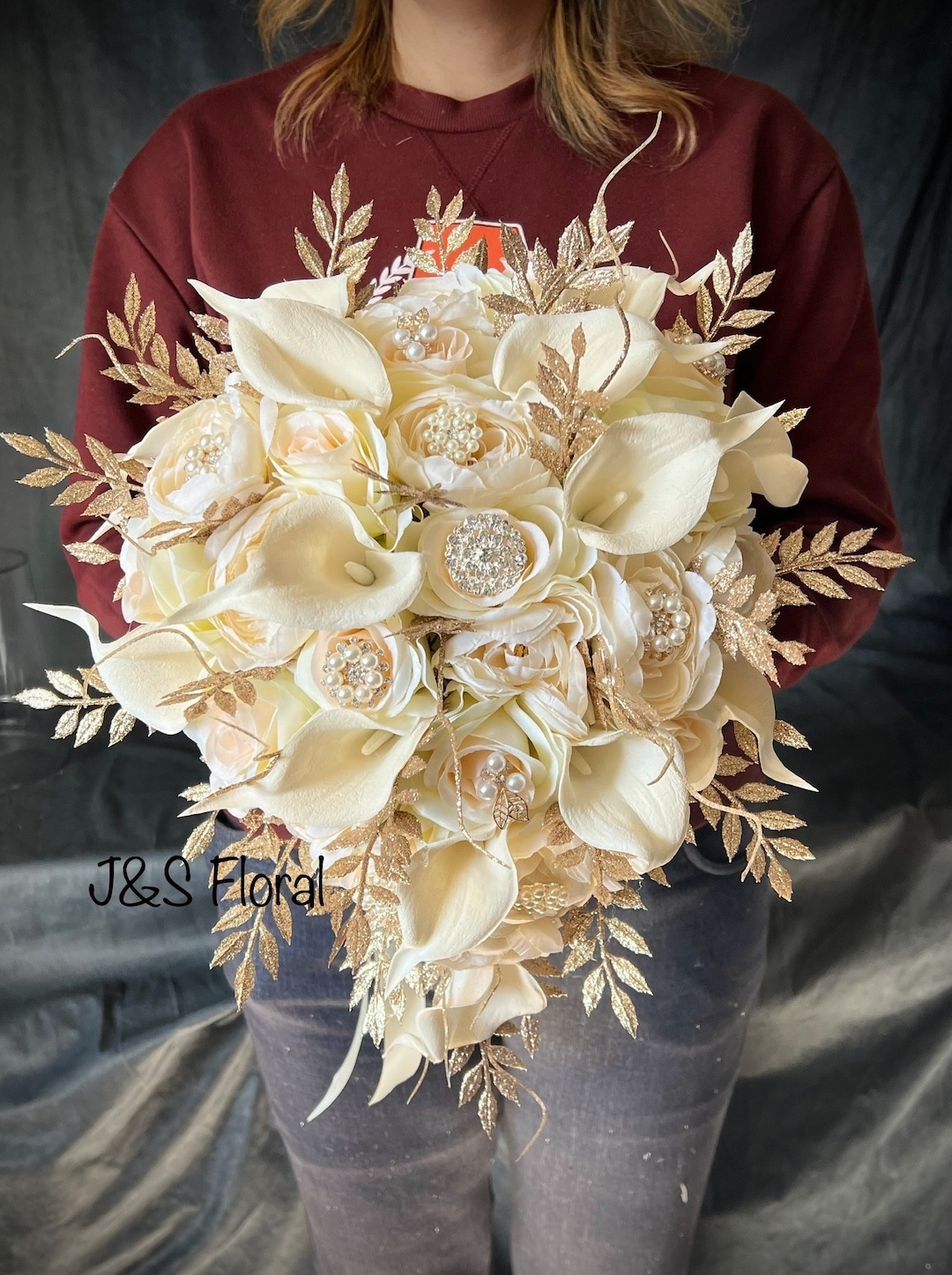 Ivory Roses Cascading Wedding Bouquet: Champagne Gold Jewelry Bling - Etsy
