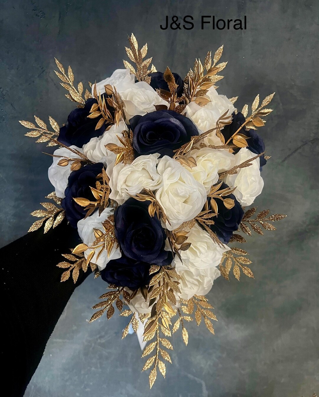 Glamorous White Navy Gold Wedding Bouquet, Bling Cascading Bouquet ...