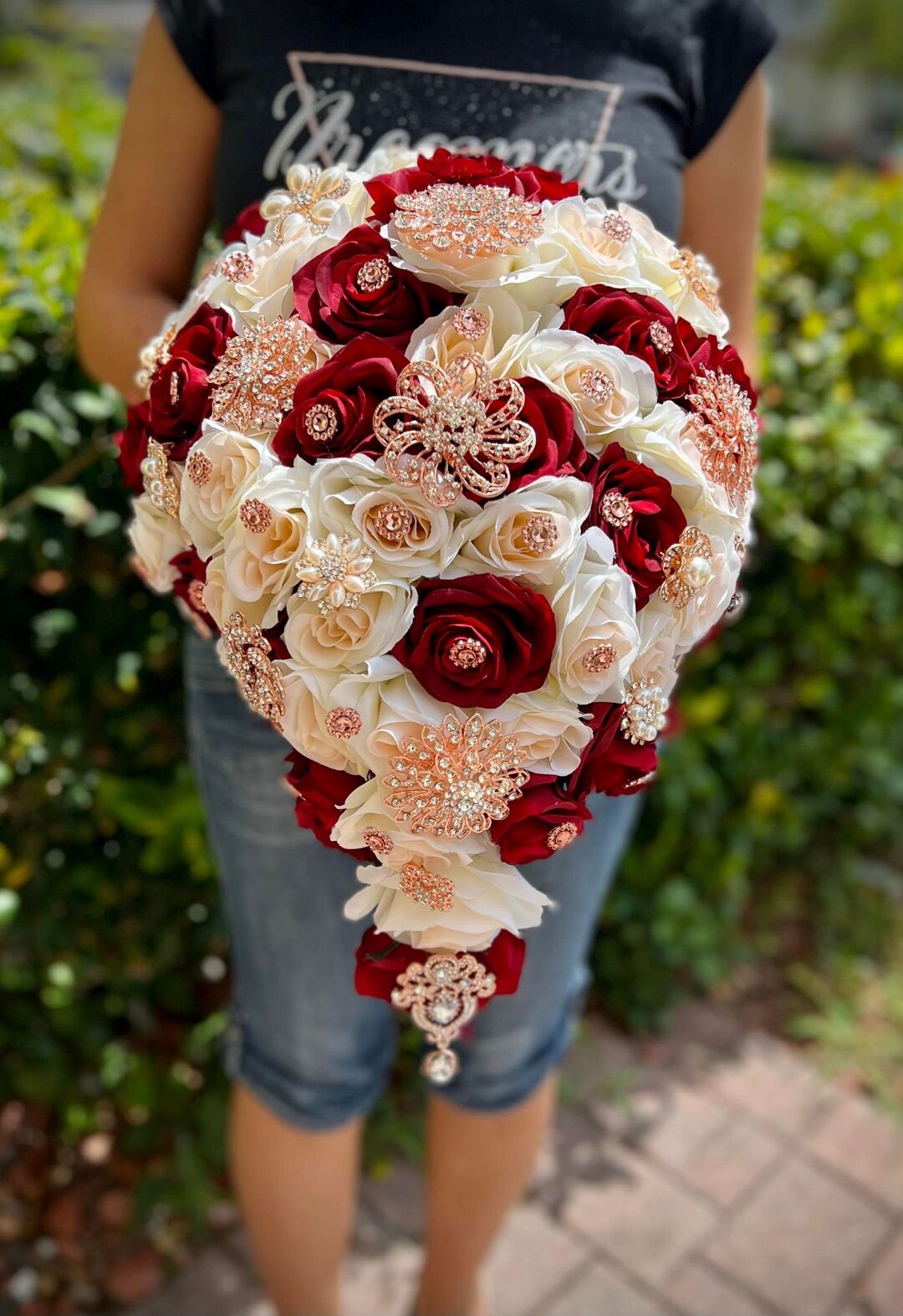 Burgundy Ivory Cascading Bridal Bouquet: Rose Gold Jewelry Bling - Etsy
