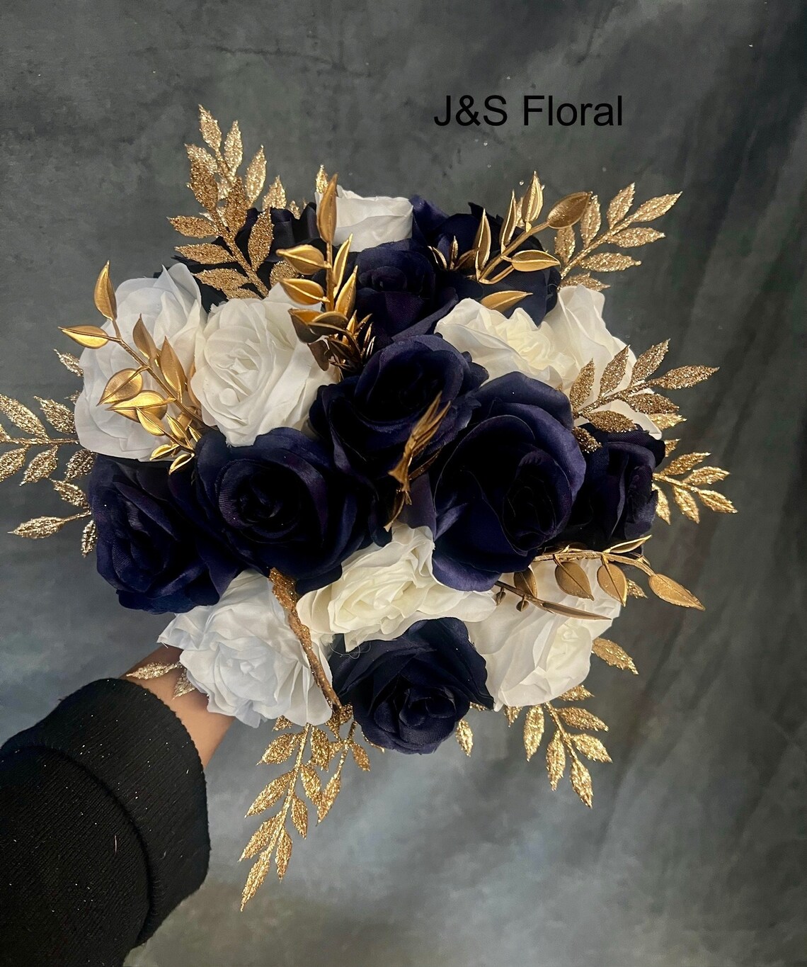 Glamorous Navy, White & Gold Wedding Bouquet: Cascading Teardrop Design ...