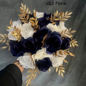 Glamorous Navy, White & Gold Wedding Bouquet: Cascading Teardrop Design ...