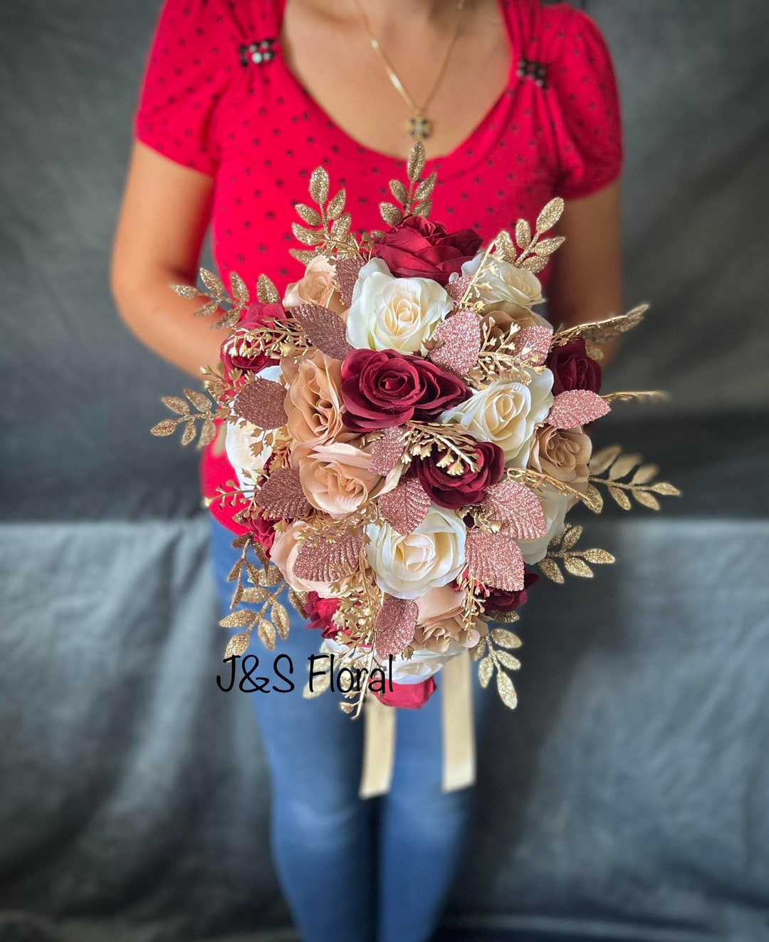 Stunning Rose Gold Burgundy Ivory Gold Cascading Wedding Bouquet, Gold ...