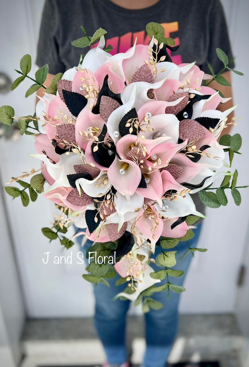 Cascading Bridal Bouquet: Pink, White, Gold Lilies, Bling Teardrop ...