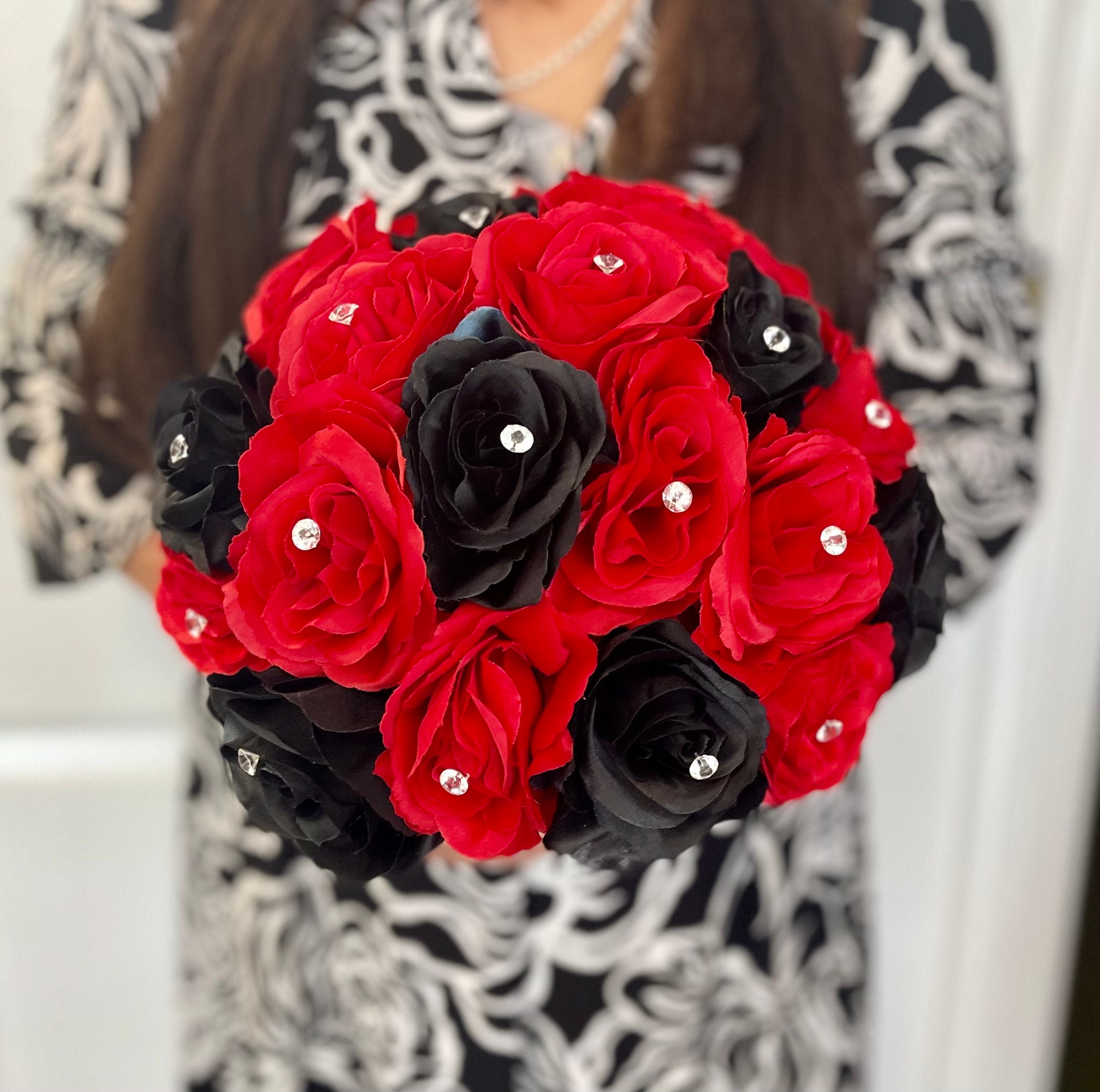 Red Black Round Bridal Bouquet Roses Diamonds Wedding - Etsy