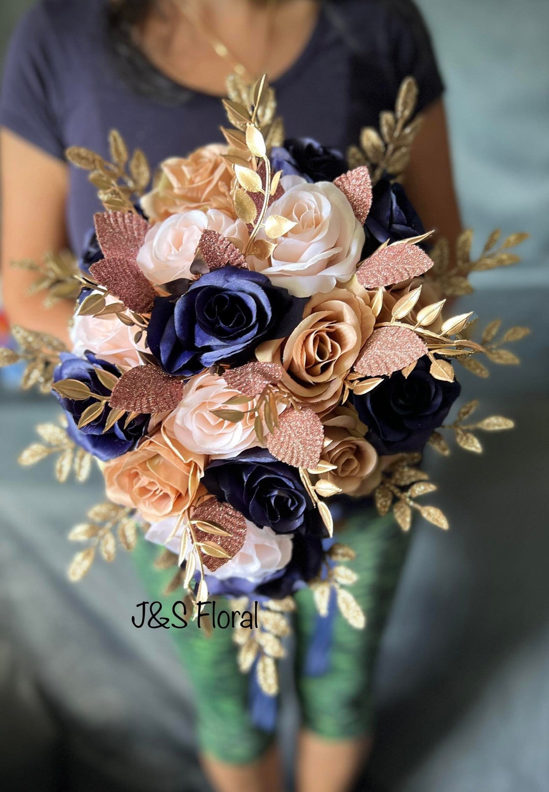 Glam Cascading Navy Rose Gold Blush Gold Wedding Bouquet, Teardrop Gold ...