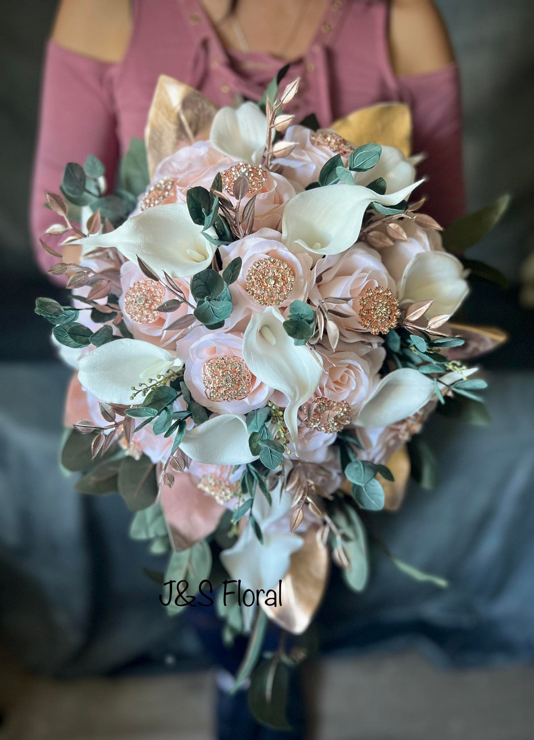 Luxury White Blush Rosegold Gold Green Wedding Bouquet, Dark Green ...