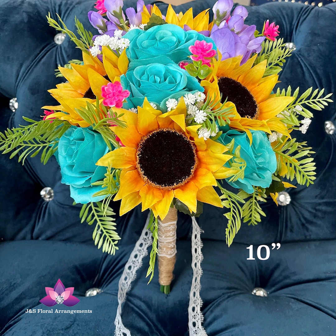 Sunflower Turquoise Wedding Bouquet: Rustic Bridal Flowers - Etsy
