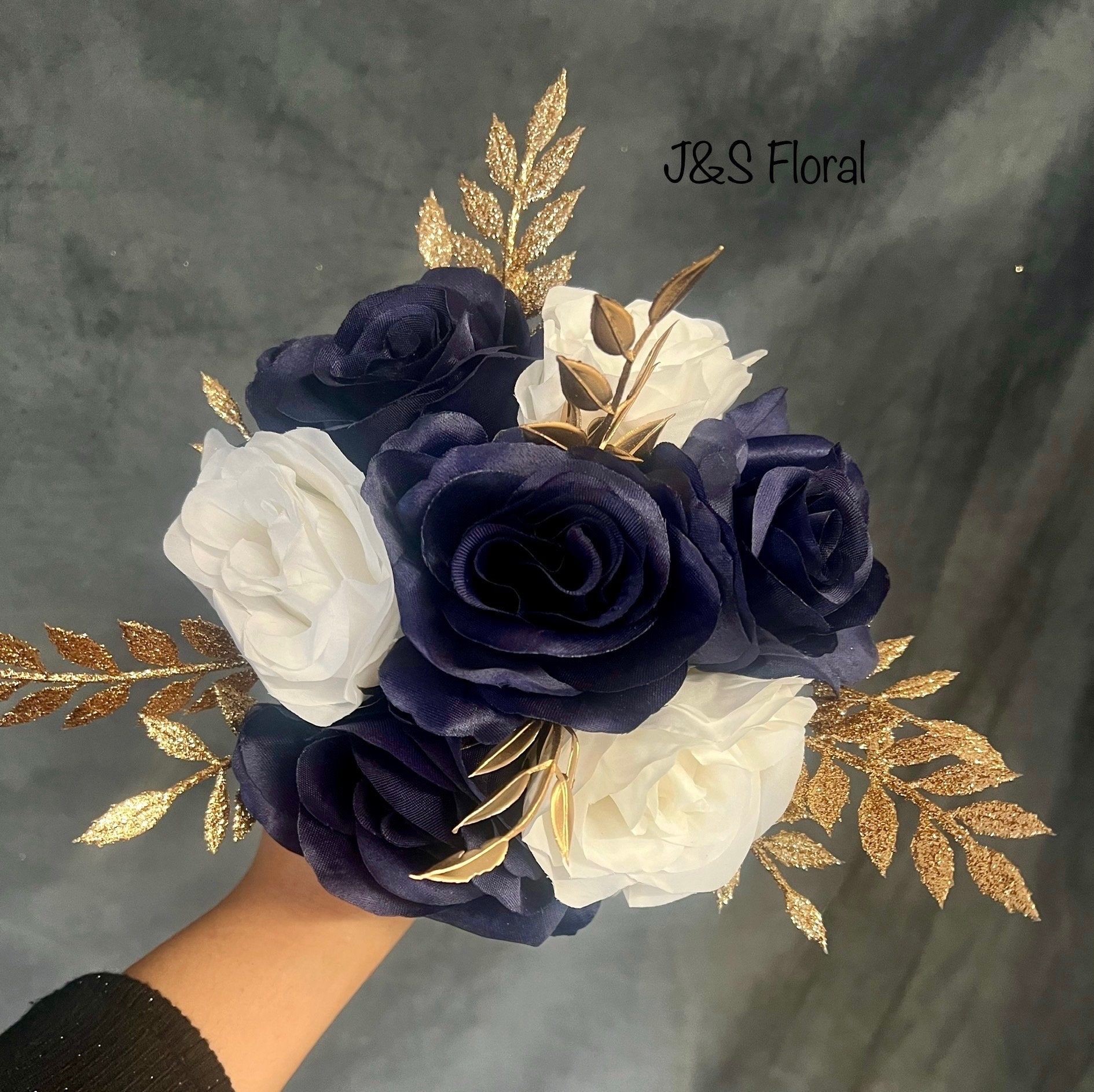 Glamorous Navy, White & Gold Wedding Bouquet: Cascading Teardrop Design ...