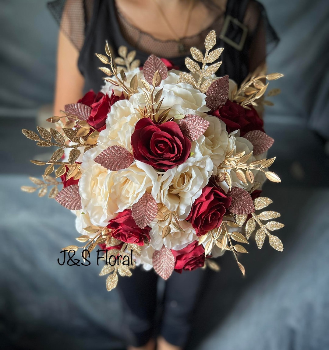 Stunning Rose Gold Burgundy Ivory Gold Wedding Bouquet, Gold Maroon ...