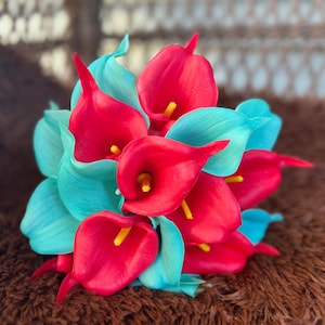 Stunning Red Turquoise Bridal Bouquet, Red Aqua Wedding Bouquet, Red ...