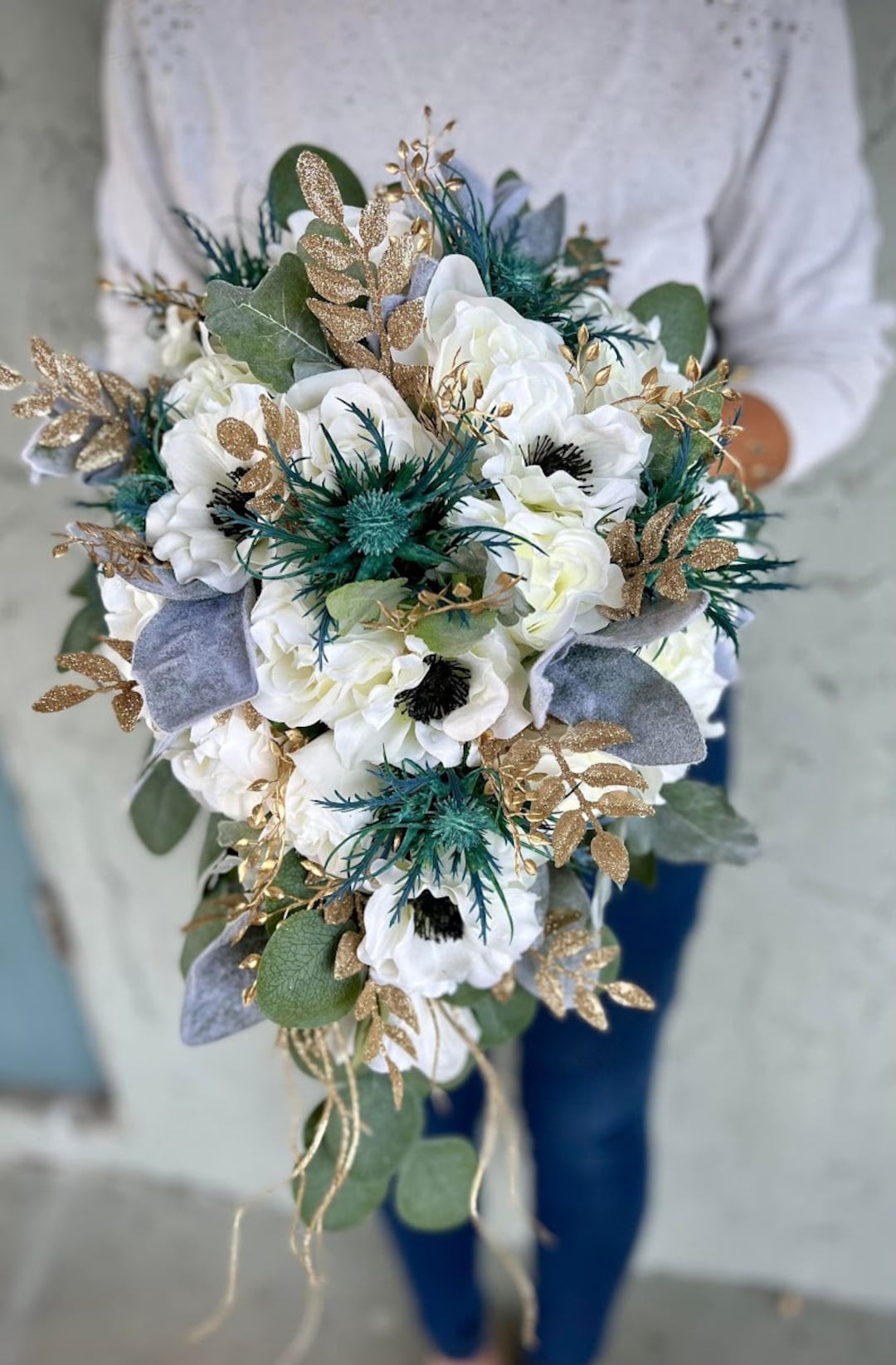 Cascading White Blue Gold Bridal Bouquet, Anemones Thistle Wedding ...