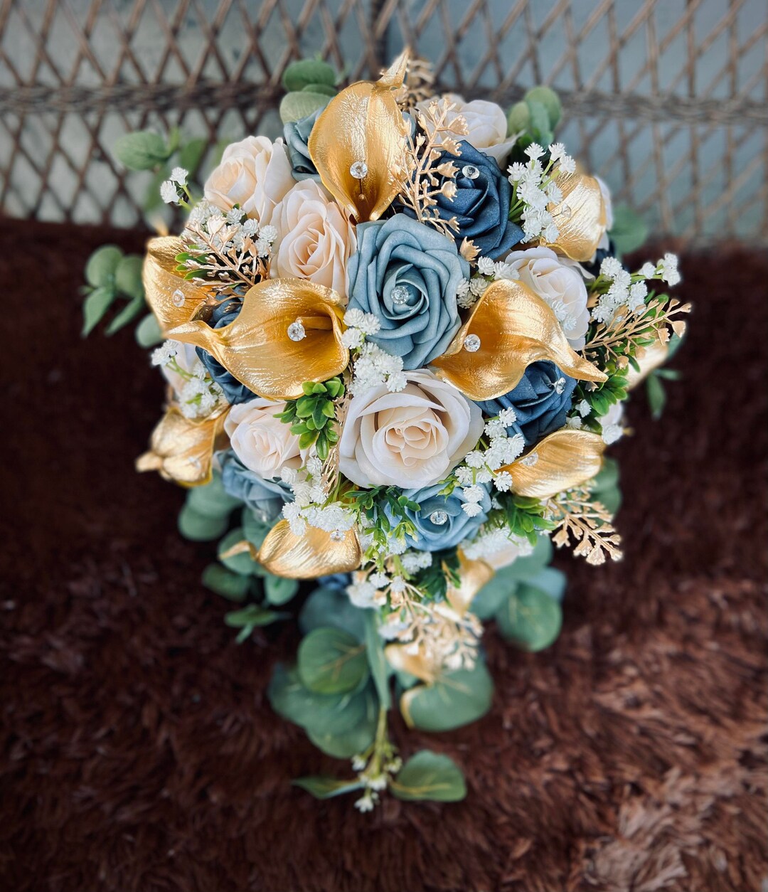 Stunning Dusty Blue Steel Blue Ivory Gold Cascading Bouquet, Blue Ivory Gold Wedding Bouquet ...